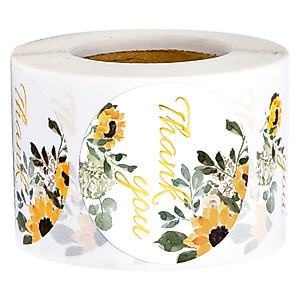 BIOBROWN Shipping Stickers Thank You Gold Foil Sunflower Painting Gift Wrap Stickers, Business Stickers 2 x 2 Inch-500 Total Labels