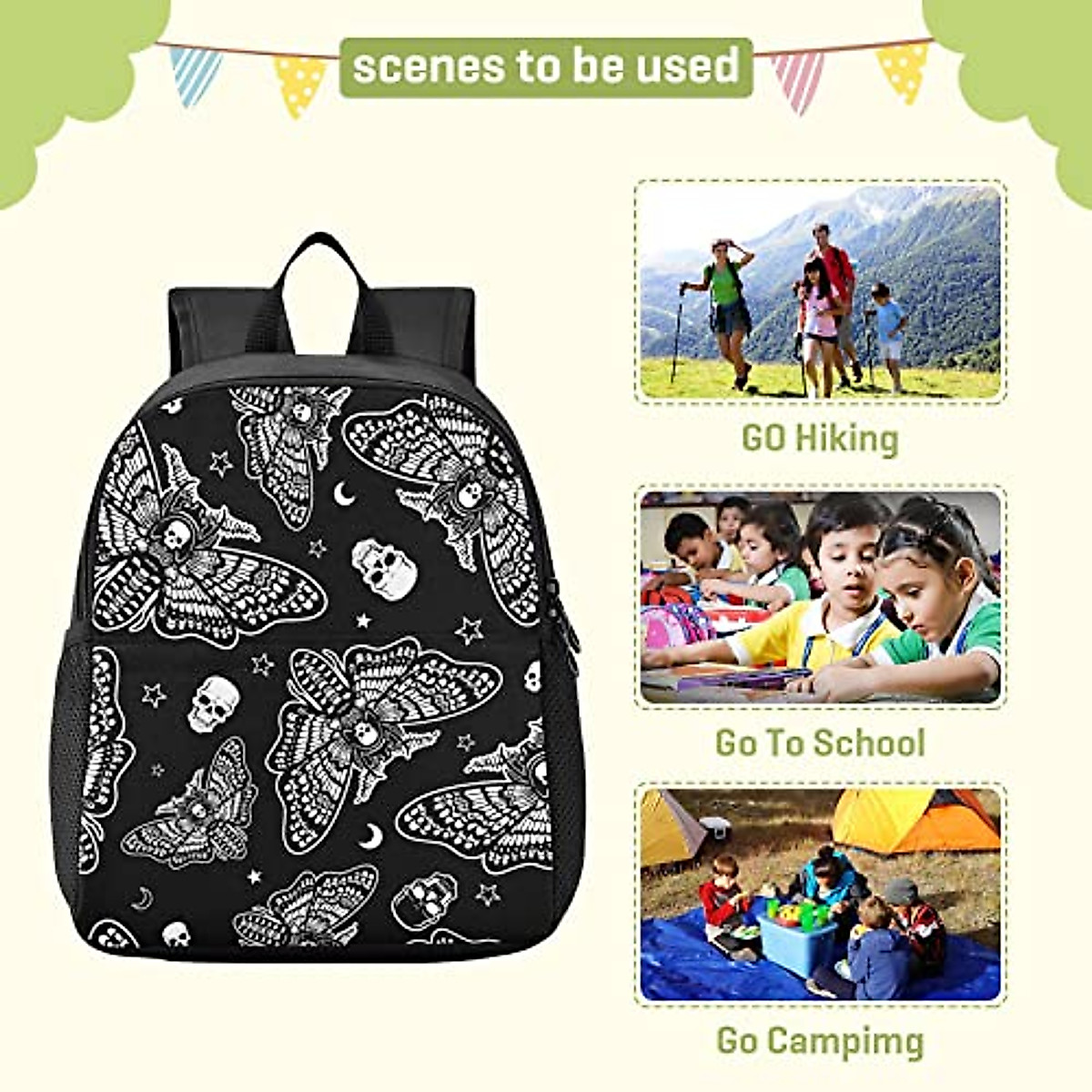 Sletend Toddler Backpack Gothic Skull Moth Waterproof Mini Backpack Boys/Girls Cute Small Backpack Kindergarten Pre School Bags (S)