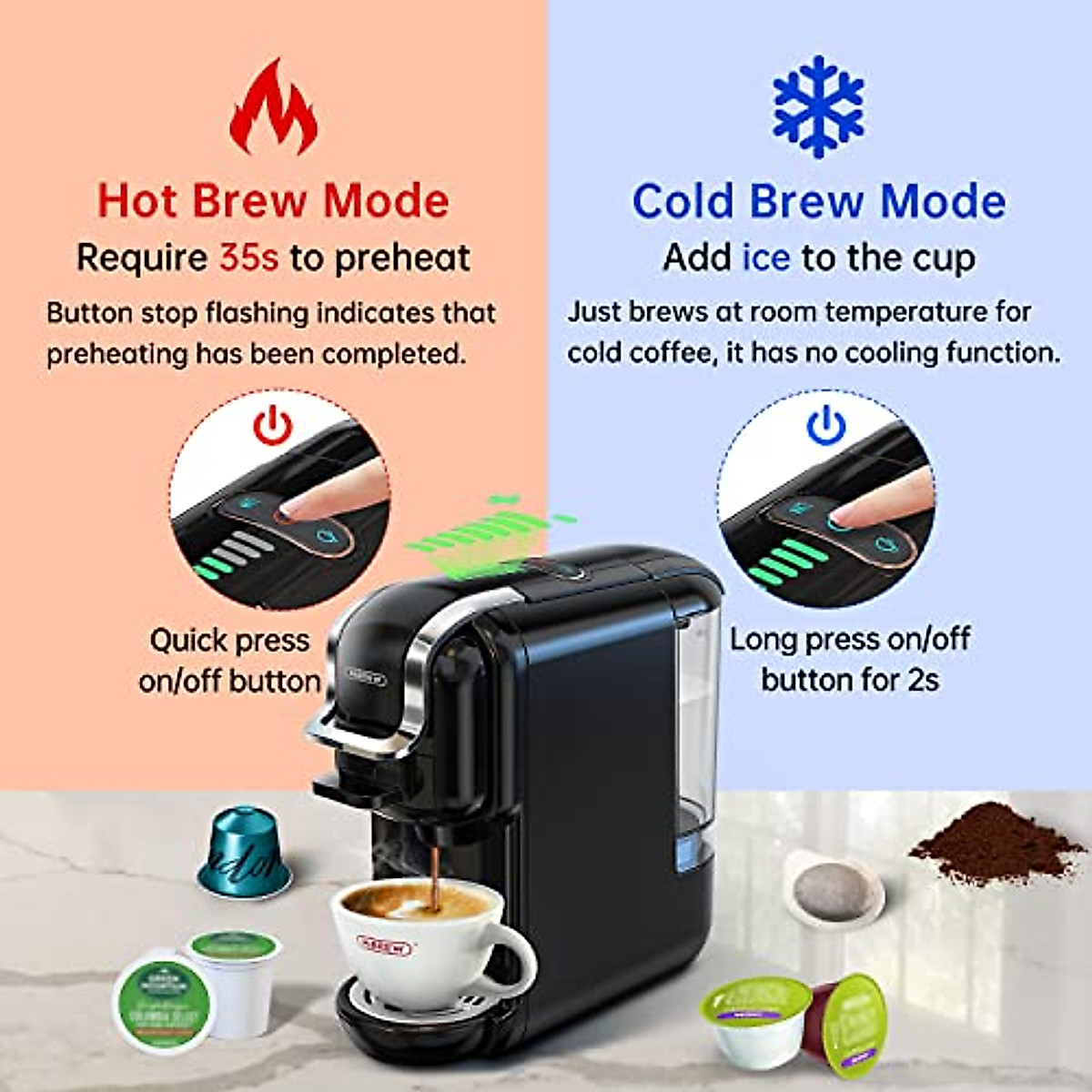 Pod Coffee Maker Single Serve, HiBREW 5-in-1 Espresso Machine for Pods, Kcup*/Nes* Original/DG*/ESE Pod/Espresso Powder Compatible, Cold/Hot Mode, 20 oz Removable Reservoir, LED Bars Indicator, 19 Bar
