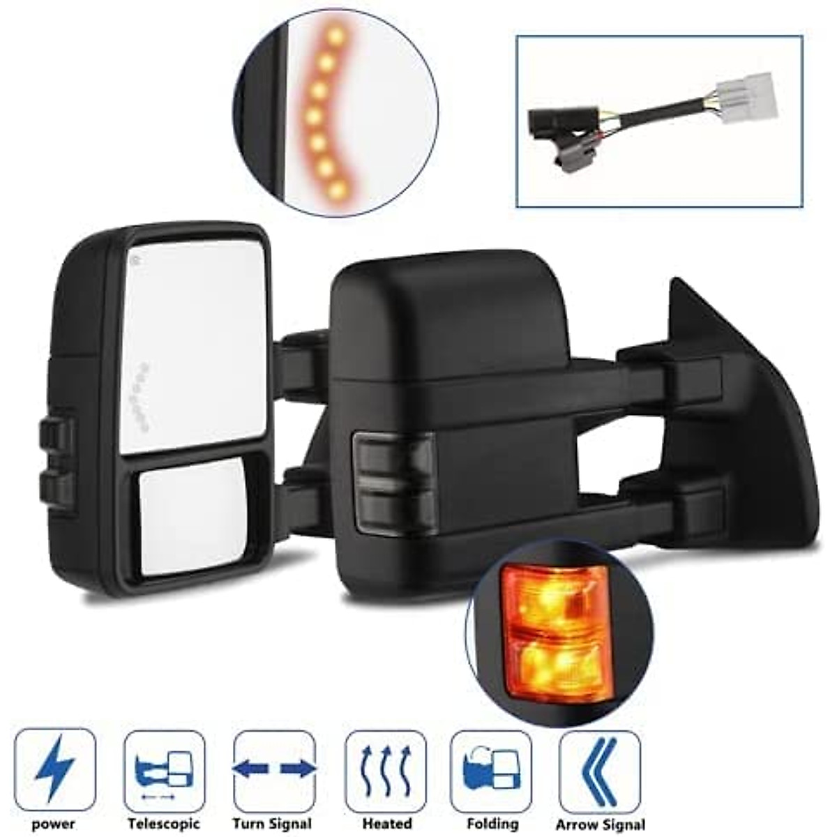 MOTOOS Towing Mirrors Replacement for 1999-2007 Ford F250 F350 F450 F550 Super Duty Pickup Truck Power Heated Manual Telescoping Smoke Turn Signal Arrow Driver Passenger Side Rear View Tow Mirrors