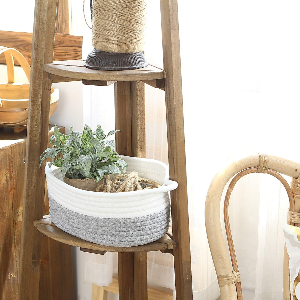 Sea Team 2-Pack Cotton Rope Baskets, 10 x 7 x 4 Inches Small Woven Storage Basket, Fabric Tray, Bowl, Oval Open Dish for Fruits, Jewelry, Keys, Sewing Kits (Grey & White)