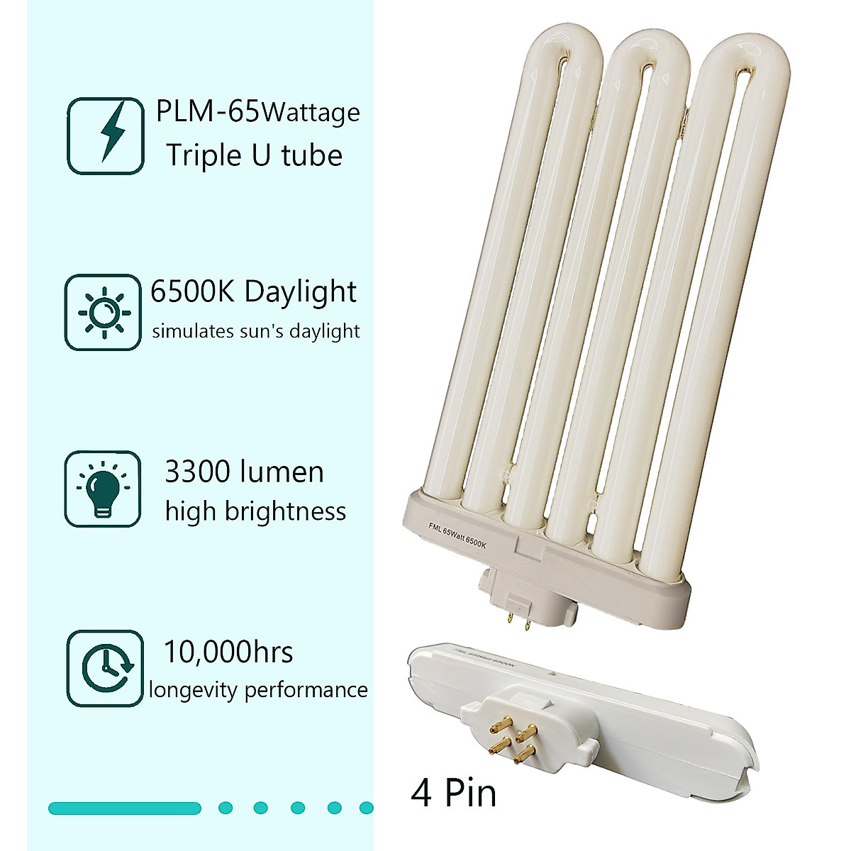 65Watt FML65/6500K Daylight Triple Tube Fluorescent Light Bulb, 4-Pin GX10Q-8 Base, Replacement Lamp for Feit BPFML65/65, 9.5'' MOL