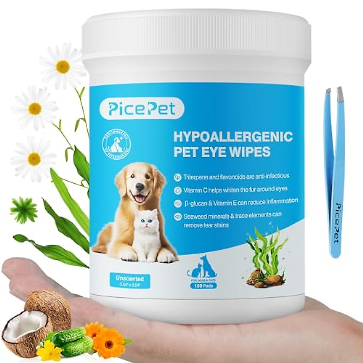 PICE PET Hypoallergenic Eye Wipes for Dog & Cats, Plant-Based Tear Stain Remover for Discharge, Crust, Allergies, Itching, Unscented,100 Count