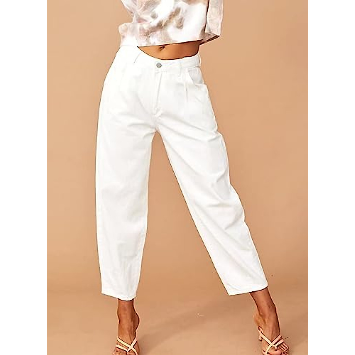 Astylish Women White Jeans High Waist Casual Loose Boyfriend Cropped Mom Denim Pants White Size 12
