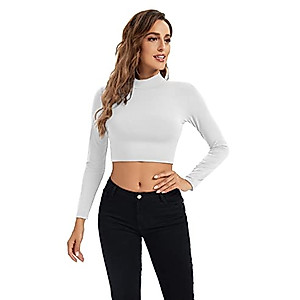 HoneyEcho Cropped Long Sleeve Tops for Women Turtleneck Long Sleeve Undershirts for Women Half Tees for Workout White X-Large