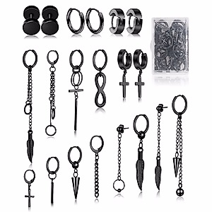FIFATA Cross Dangle Earrings for Men 20 Pieces, Stainless Steel Stud Hinged Hoop Earrings, Long Chain Kpop Earrings for Women, Black and Silver