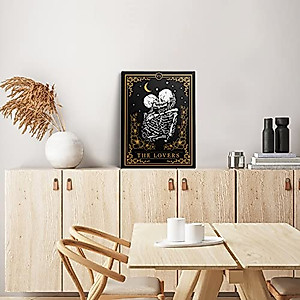 XWELLDAN Tarot Kissing Skeleton The Lovers Halloween Wall Art Canvas Prints, Love Gifts for Women, Mysterious Skull Halloween Romantic Wall Art Decor for Home Bedroom Bathroom, 11 x 14 Inch, Framed