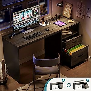 Bestier Lift Top Computer Desk with File Drawer, 60" Large Office Desk with Power Outlet USB Port Built in Writing Study Computer Table with Storage Workstation for Home Office Bedroom, Gray