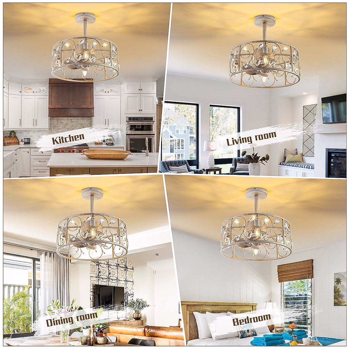 COCOSTAR Retro-white Ceiling Fans with Lights, Vintage Caged Ceiling Fan with Crystals, White Chandelier Fan with Crystals for Dining Room, 3 Downrods, 3 Speed, Timer and E12*5 Bulb Included