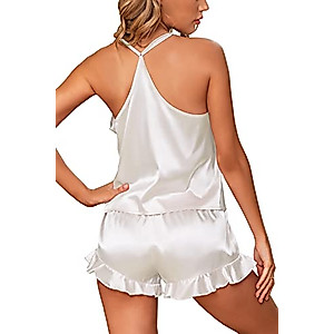 Anjue Silk Pajamas for Women Shorts Sets Ruffled Sexy V Neck Cami Tops Two Piece PJS Nightwear(White,XXL)