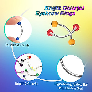 CrazyPiercing Colorful Acrylic Ball Stainless Steel Curved Bar Eyebrow Rings Tragus Piercing, 50Pcs, 16G (Stainless Steel Bar)