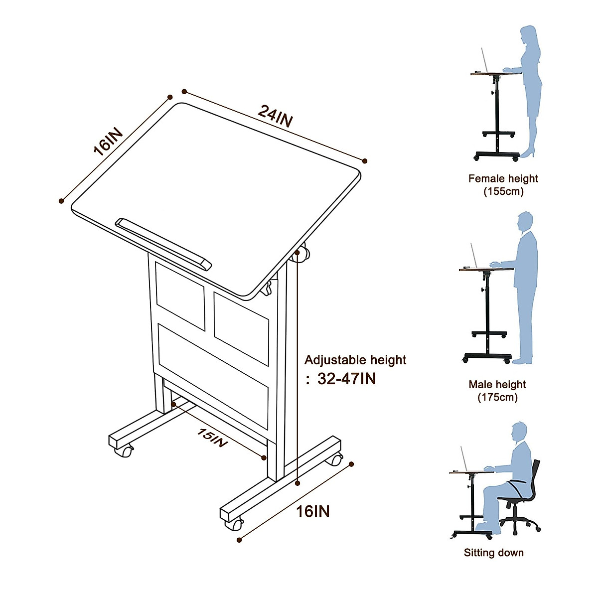 KOUPA Height Adjustable Standing Desk with Storage Bag 16 x 24 in, Portable Rolling Mobile Stand Up Table with Wheels, 360° Flip Laptop Computer Desk for Home Office, Rustic Brown