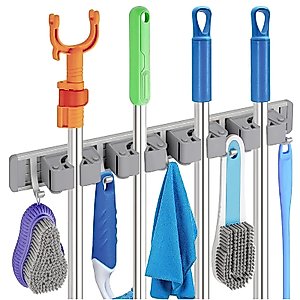 DORPIX Broom Holder Wall Mount,Extended Broom Holder and Mop Hanger- 4 Adjustable Silicone Anti - Slip Racks and 5 Hooks for Garage, Kitchen, Bathroom, and Garden Tools (1 Pack)