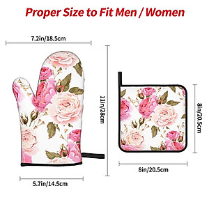 YILEQUAN Floral Flower Rose Pink Print Oven Mitts and Pot Holders Sets,Kitchen Oven Glove High Heat Resistant 500 Degree Oven Mitts and Potholder,Surface Safe for Baking, Cooking, BBQ,Pack of 4