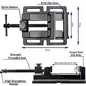 Drill Press Vise, Quick Release Bench Vise 5'', Heavy Duty Drill Press Vice Clamp- 5.12" Jaw Opening, 4.84" Jaw Width - Vice for Woodwork, Low Profile Drill Press, Benchtop, Milling Machine,etc