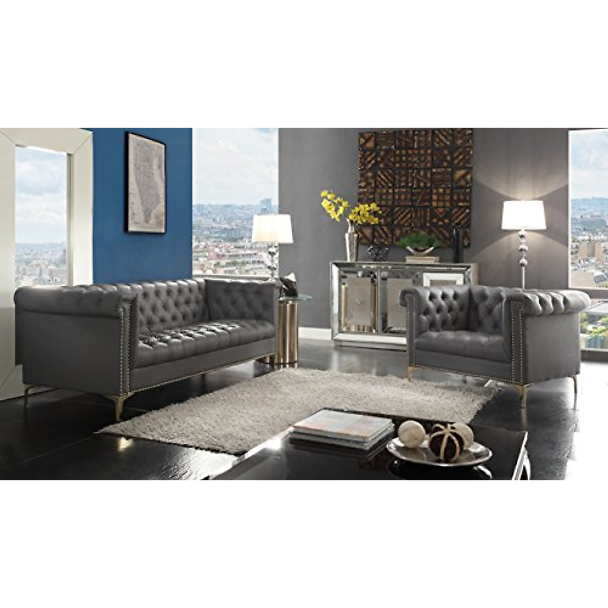 Iconic Home Winston Nail Head Tone Legs PU Leather Modern Contemporary Button Tufted with Gold Nailhead Trim Goldtone Metal Y-Shaped Feet Sofa, Grey