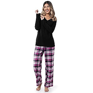 Fruit of the Loom Women's Waffle V-Neck Top and Flannel Pant Sleep Set, Black/Berry Plaid, X-Large