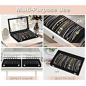 Necklace Organizer Box, Necklace Tray for Jewelry with Clear Lid, Dustproof Velvet Necklaces Holder Storage Display Case, 20 Hooks Glass Top Jewelry Tray Drawer Insert for Necklaces Pendant Bracelet