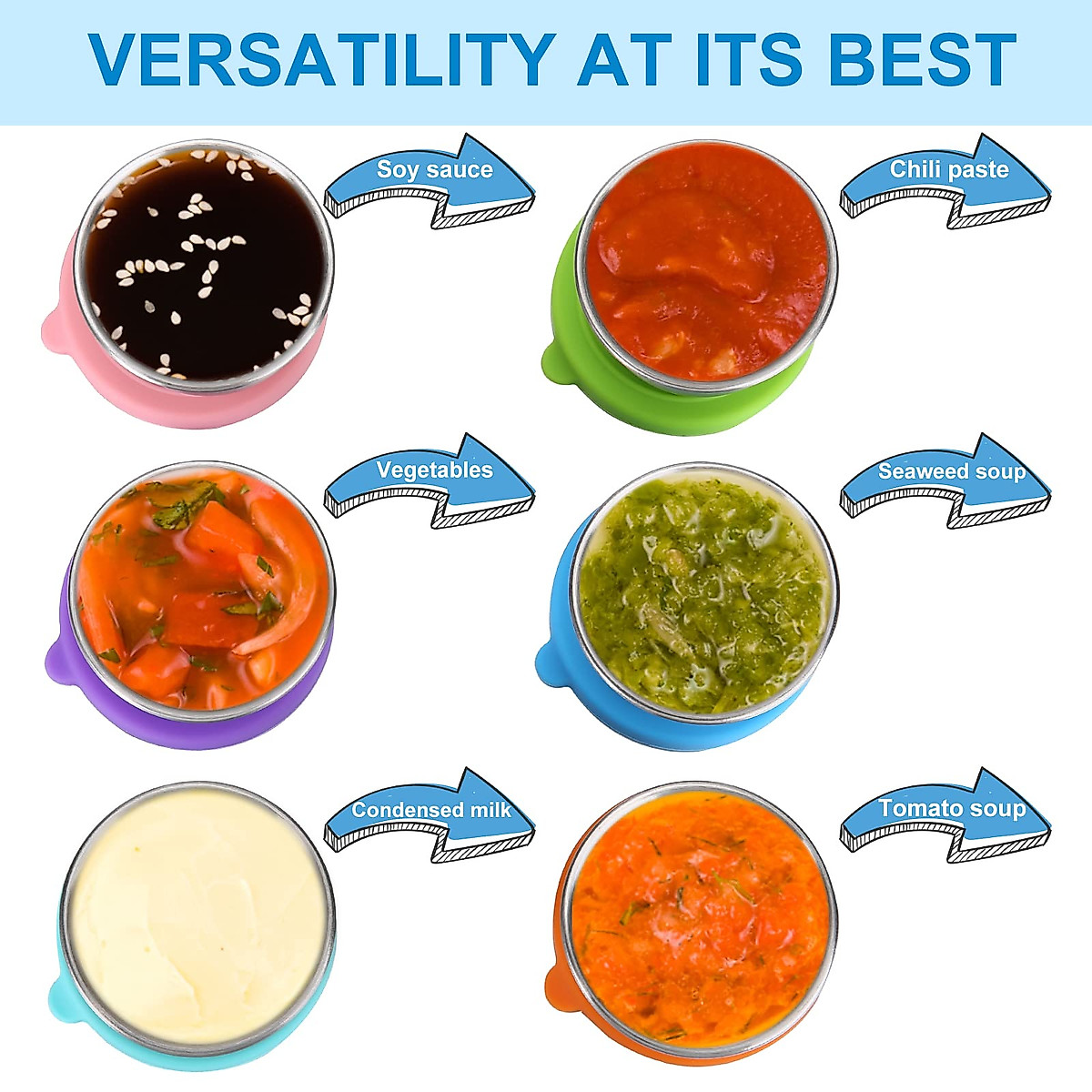 6Pack Salad Dressing Container To Go, 1.6oz Small Condiment Containers with Lids, Reusable Stainless Steel Sauce Cups Containers, Leakproof Silicone Lids for Lunch Bento Box, Picnic and Travel