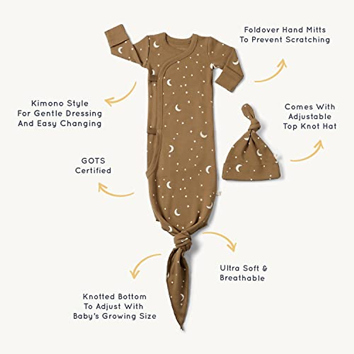 MakeMake Organics GOTS Certified Organic Cotton Kimono Knotted Blanket Tie Swaddle Hat Set Mittens Baby Boys Girls (Moonlight, 0-3 Months)