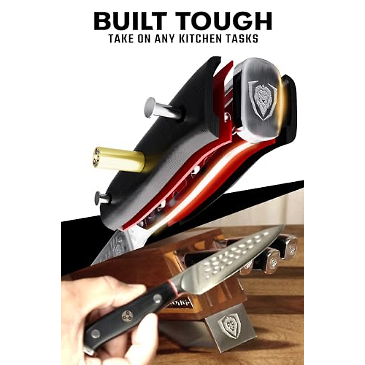 DALSTRONG Knife Block Set - 5 Piece - Shogun Series ELITE - AUS-10V High-Carbon Japanese Steel - Black G10 Handles - Acacia Wood - Damascus - Kitchen Knife Set with Block - Professional Cutlery Set