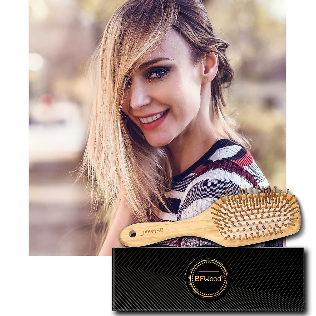 Bamboo Hair Brush with Paddle - Rounded Wood Bristles for Detangling and Gently Massaging Scalp by BFWood, Reduces Frizz and Static