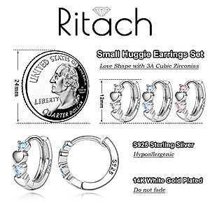 Double Love Heart Silver Huggie Hoop Earrings for Women Cubic Zirconia 925 Sterling Silver Cute Sleeper Earrings for Women