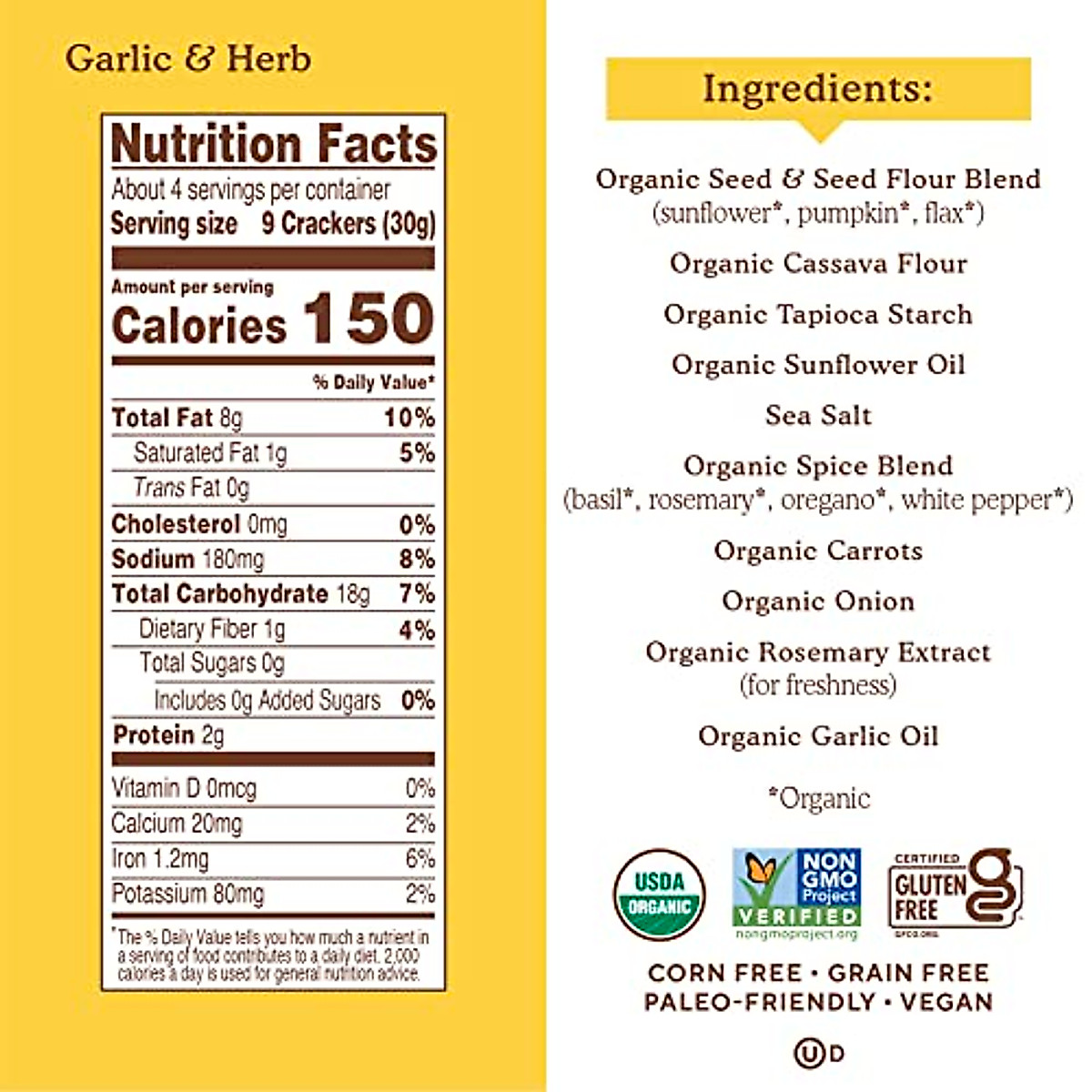 Simple Mills Organic Seed Crackers, Garlic & Herb - Gluten Free, Vegan, Healthy Snacks, Paleo Friendly, 4.25 Ounce (Pack of 1)