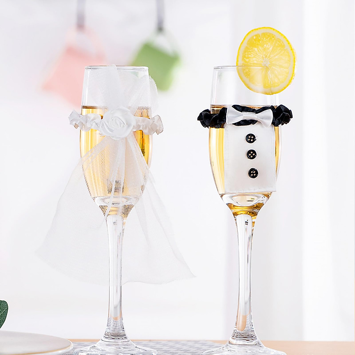 auwiyd 2 PCS Valentine's Day Bride Groom Wine Cups Champagne Glasses Ornaments Marriage Bride Groom Cup Decoration for Valentine's Day Party Wedding Table Décor
