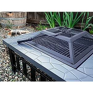 Yardom 34 inch Outdoor Fire Pits BBQ Square Firepit Table Backyard Patio Garden Stove Wood Burning Fireplace with Grill, Spark Screen Cover, Poker, Rain Cover