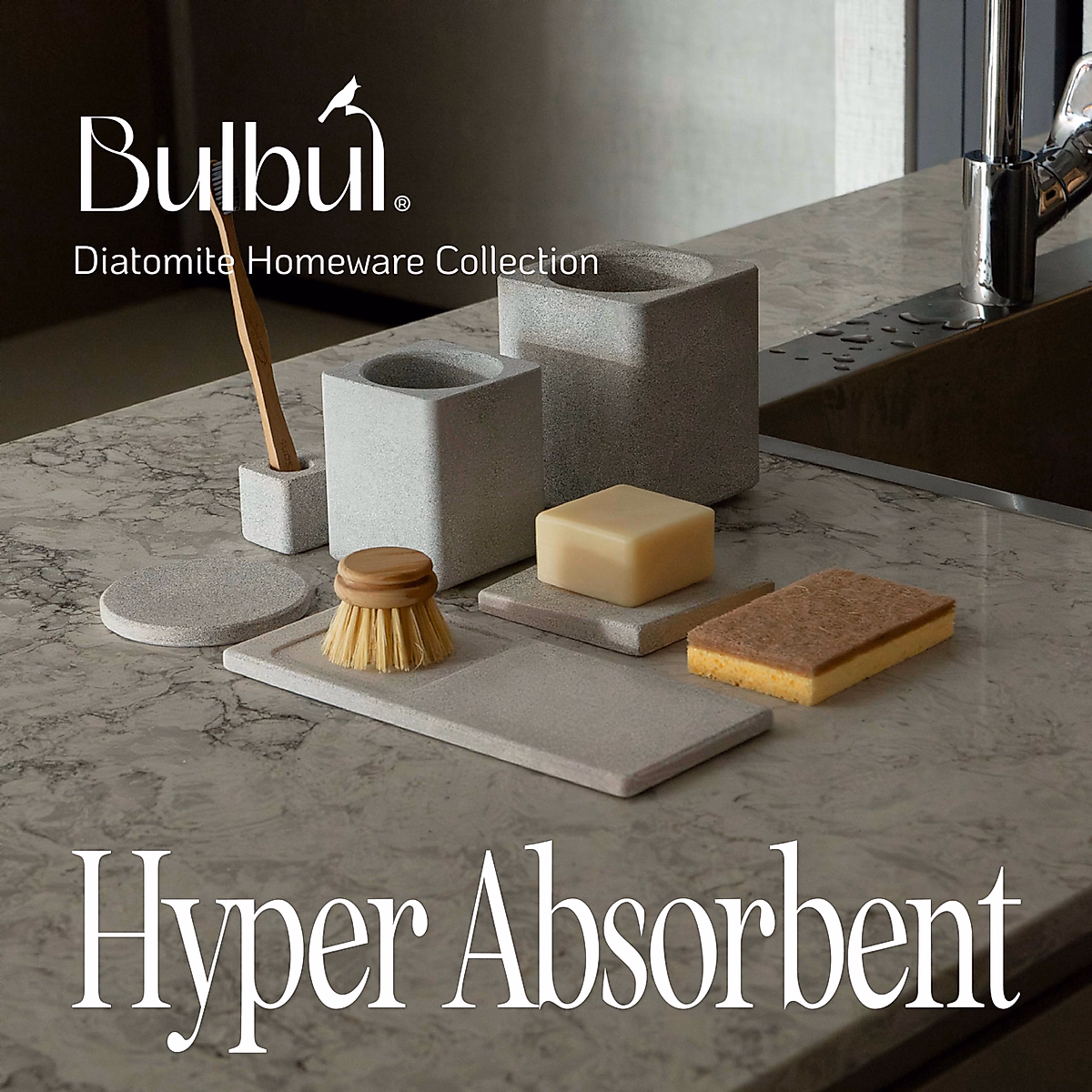 Bulbul® Premium Diatomite Fast Drying Holder (S), Hyper Absorbing Ceramic Sink Organiser for Toothbrush & Utensil Holder, for Toilet & Kitchen, Gray, Small Size