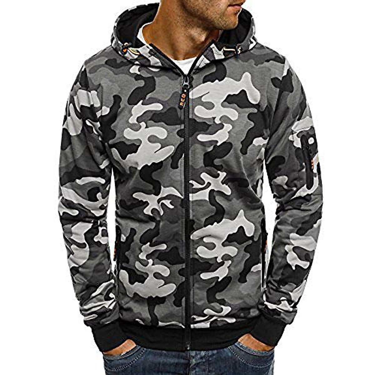 Mens Zipper Hooded Sweatshirts, Thenlian Mens Camouflage Zipper Pullover Long Sleeve Hooded Sweatshirt Tops Blouse(Gray, L)