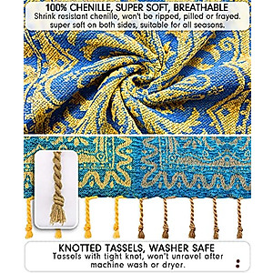 FinalNest Bohemian Tribal Throws Blankets Reversible Colorful Red Blue Boho Hippie Chenille Jacquard Fabric Throw Covers Large Couch Furniture Sofa Chair Loveseat Recliner Oversized (Blue, L:102x87)