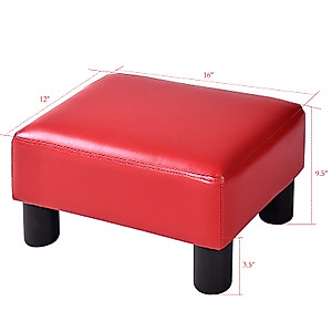 Julimoon Footrest Ottoman, Small PU Leather Stool w/Non-Skid Wood Legs, Modern Rectangular Footstool w/Padded Seat for Outdoor, Office, Living Room (Red)