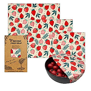 Beeswax Wrap- Set of L, M, S Odor Free High Quality Beeswax Wraps- Designed in USA- Handcrafted from Certified Organic Cotton, Beeswax, Tree Resin, Jojoba Oil-Eco-Friendly-Zero Waste-Strawberry Design