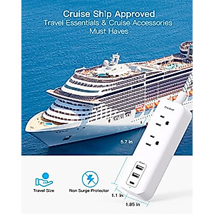 Cruise Essentials, USB C Travel Power Strip, Flat Plug Power Strip with 2 Outlets 3 USB Ports (1 USB C), 5ft Extension Cord Charging Station, Non Surge Protector for Cruise Ship, Travel, Home