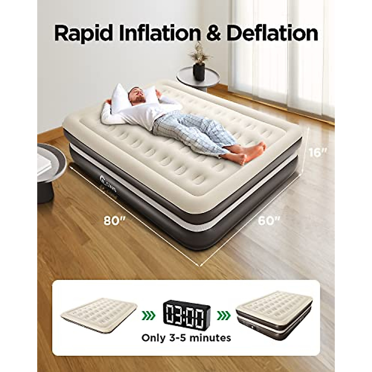 Ciays Air Mattress Queen with Built-in Pump, Double High Blow Up Mattress with Carrying Bag, Inflatable Air Bed for Guests, Family, Brown