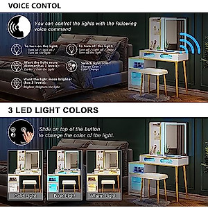 FOMNEY Vanity Set with Mirror ＆ Lights, Makeup Vanity Desk with Wireless Charging Station, Makeup Vanity Including Stools, Vanity Table ＆Dressing Table with Storage Drawers for Bedroom(White)