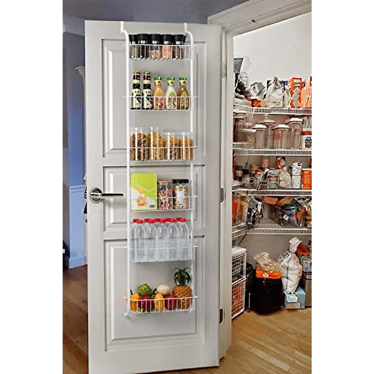 melos White Over The Door Pantry Organizer Rack, 6-Tier Heavy-Duty Metal Back Of Door Shelf Organizer, Over The Door Hanging Spice Rack With 6 Full Baskets - Storage, Closet, Bathroom, Kitchen, 15in