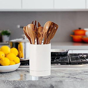 ALYSTER kitchen Utensil Holder for Countertop with Drain Tray, White Utensil Holder Utensil Crock Ceramic Cooking Utensil Holder for Kitchen/Counter Farmhouse/Décor (1)