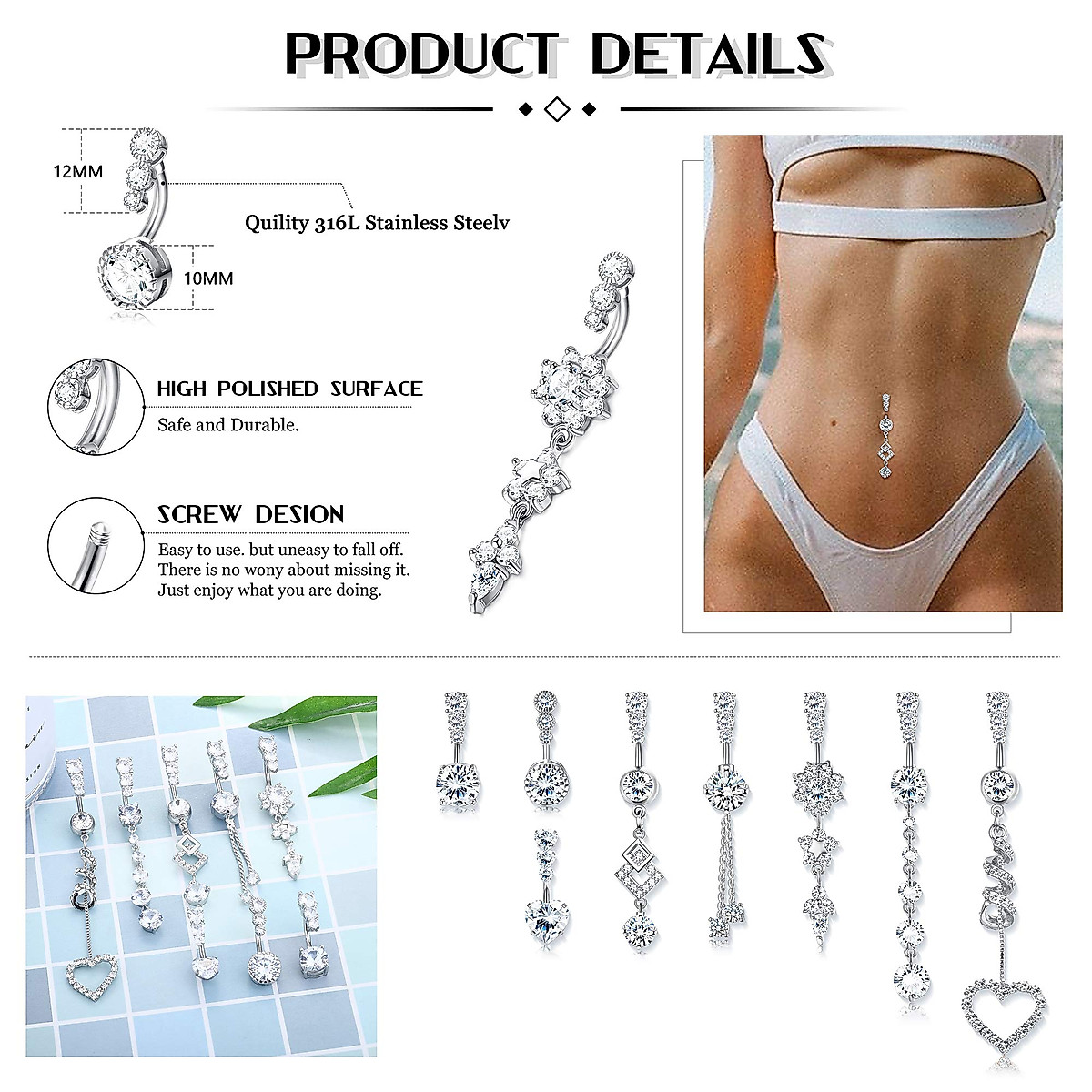 FIBO STEEL 8Pcs Belly Button Rings Dangle 316L Surgical Steel Belly Rings Dangling for Women Heart CZ Long Cute Navel Barbell Body Belly Piercing Jewelry Silver 14G