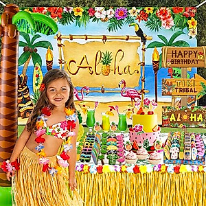 ADAM’S OFFER Hawaiian Luau Birthday Party Decorations Tropical Aloha Party Supplies for Summer Beach Decor Leis Necklaces Table Skirt Tablecloth Straws Toppers Leaves Balloon Kit