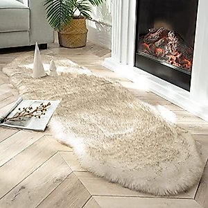 Ashler HOME DECO Ultra Soft Faux Fox Fur Rug White Brown Fluffy Area Rug, Carpets Fluffy Rug Chair Couch Cover for Bedroom Floor Sofa Living Room 2 x 6 Feet
