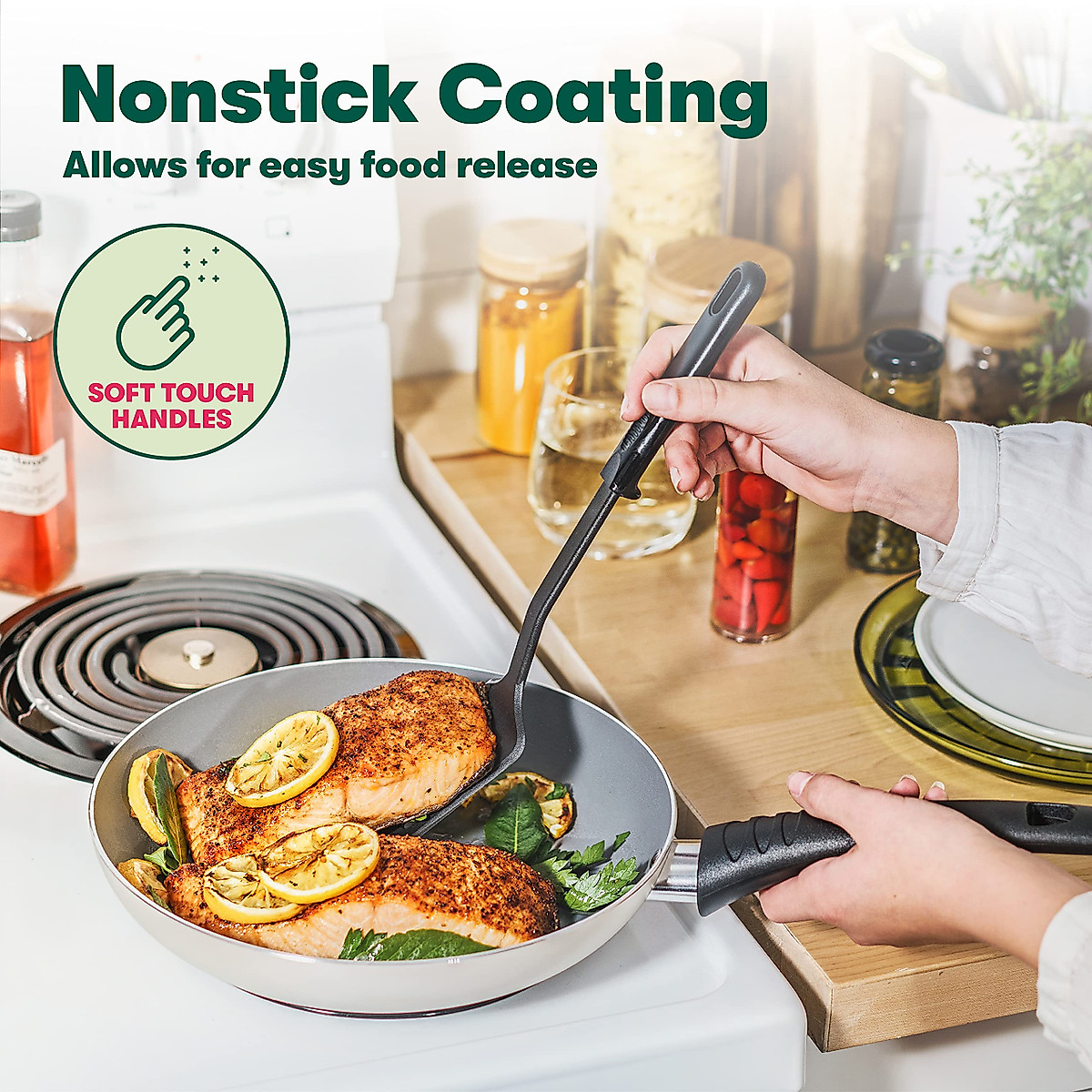 BELLA Nonstick Cookware Set with Glass Lids - Aluminum Bakeware, Pots and Pans, Storage Bowls & Utensils, Compatible with All Stovetops, 21 Piece, White