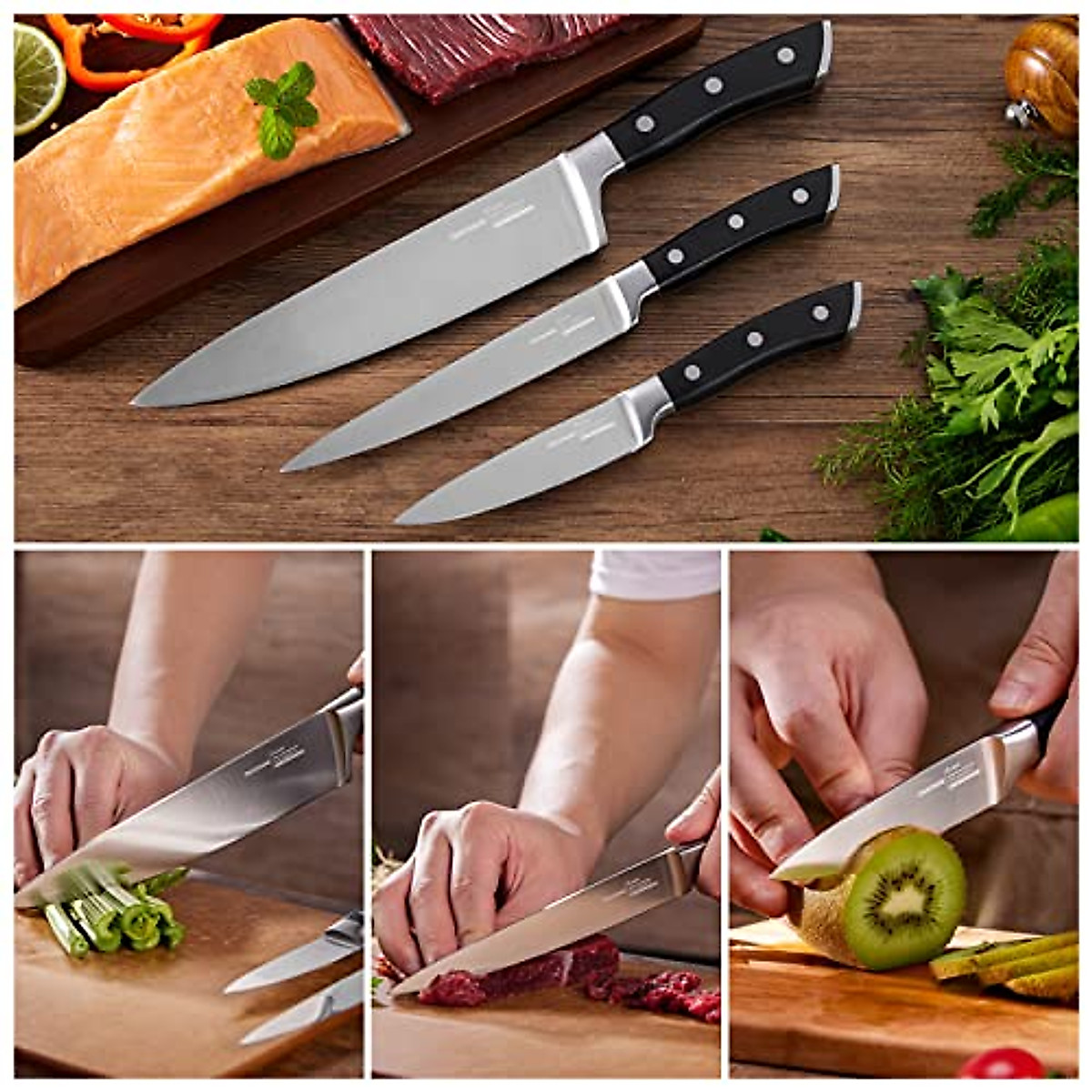 OAKSWARE Kitchen Knife Set 3-Piece, Ultra Sharp Kitchen Knives, Paring Knife and Utility Knife for Kitchen, German Steel & Ergonomic ABS-Handle