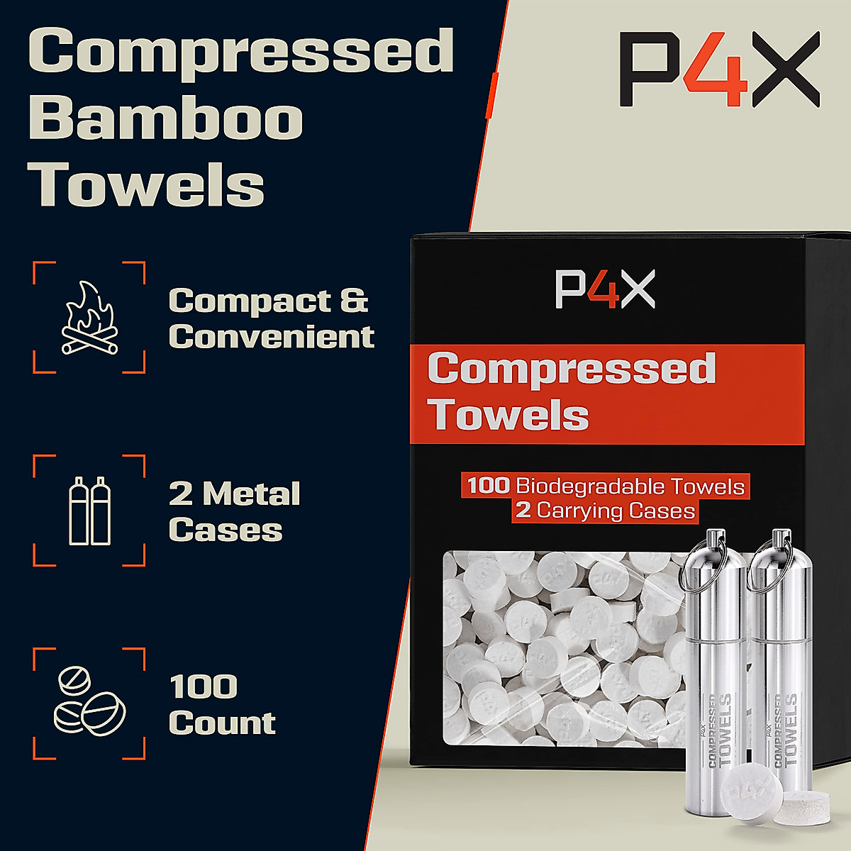 Compressed Towel Tablets - 100% Bamboo Camping Toilet Paper Tablets, Great for Hiking, Travel & Backpacking - Disposable Washcloths, Body Wipes, Paper Towel Coin Tissue - 100 Pack with Metal Cases