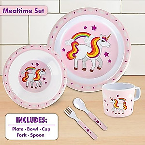 5 Pc Mealtime Baby Feeding Set for Kids and Toddlers - Includes Plate, Bowl, Cup, Fork and Spoon Utensil Flatware - Durable, Dishwasher Safe, BPA Free - Unicorn