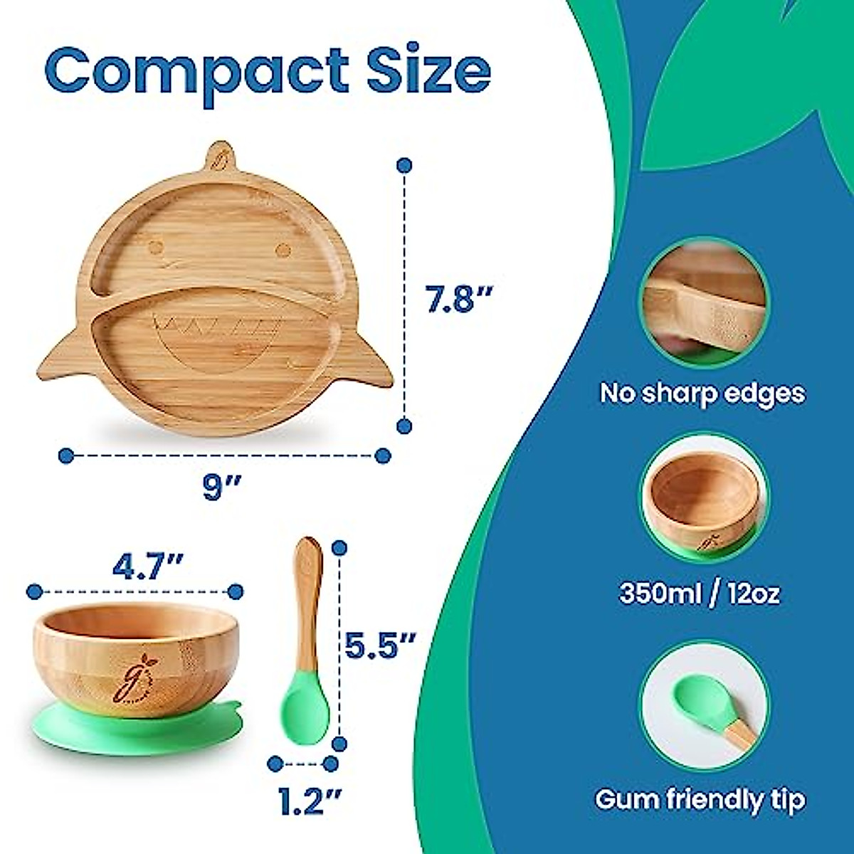 Greenway World - Baby Suction Bowls and Plates Set, Bamboo Plates for Kids with Suction Bowls for Baby and Silicone-Covered Wooden Spoons for Eating, Portable Baby Eating Supplies, Shark Design