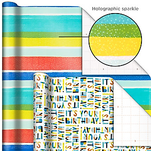 Hallmark Colorful Wrapping Paper Bundle with Cutlines on Reverse (6 Rolls: 110 Square Feet Total) Llamas, Zebras, Cupcakes, Holographic Stripes, Polka Dots for Birthdays, Kids Parties, Back to School