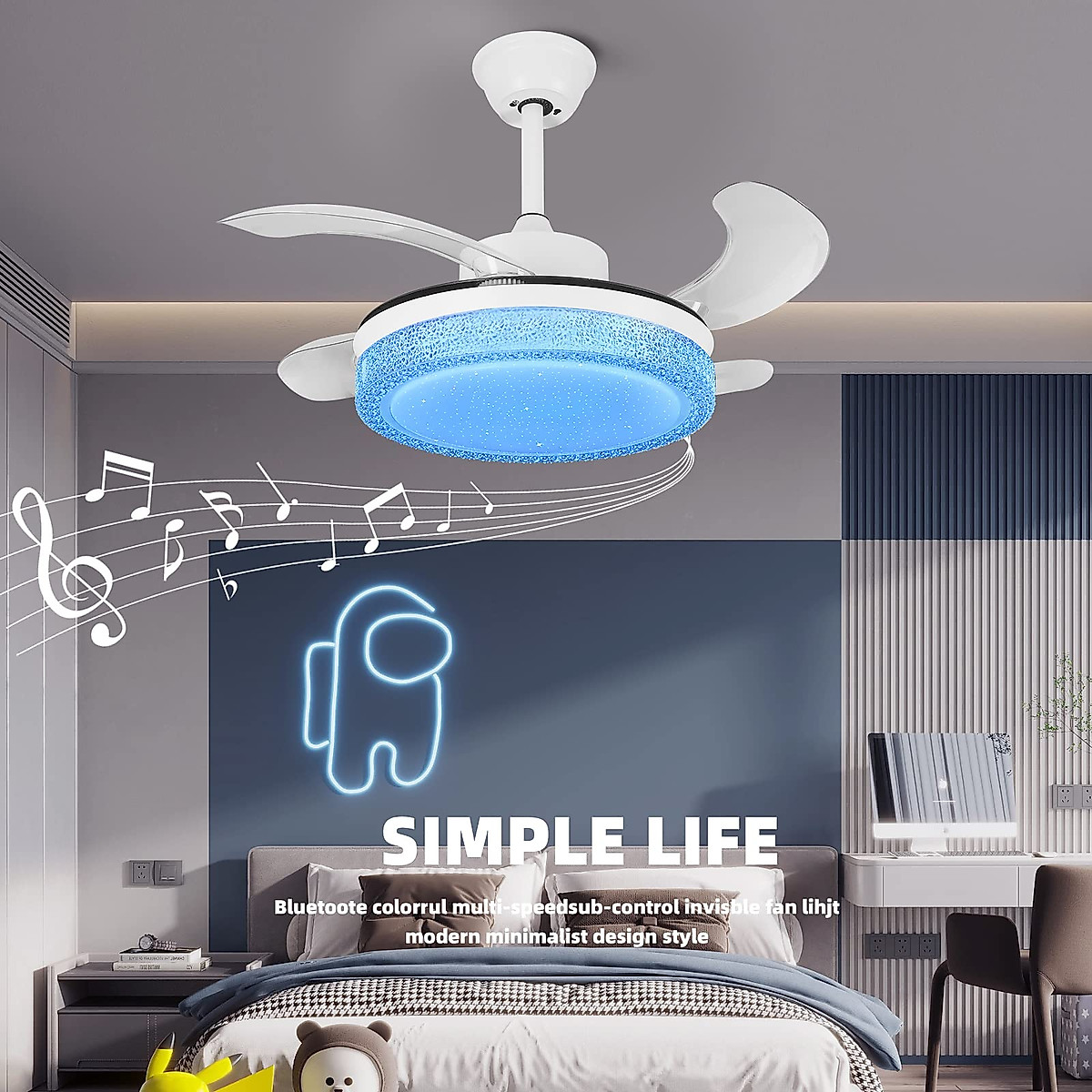 HOREVO Retractable ceiling fans with lights and Bluetooth speaker 42 Inch Fandelier Invisible Blades Chandelier Fan Color Changing Dimmable Hidden Bluetooth Ceiling Fan with lights with remote